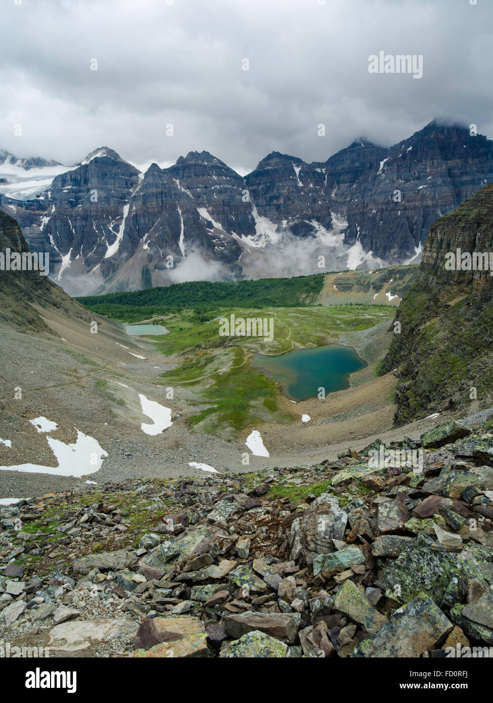 The view from on top of Sentinel Pass, looking south down Larch Valley ...