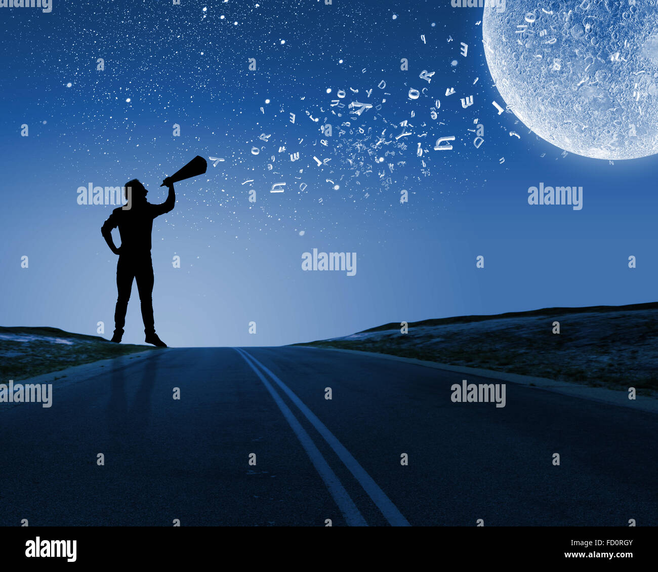 Silhouette of man screaming in trumpet at night Stock Photo - Alamy