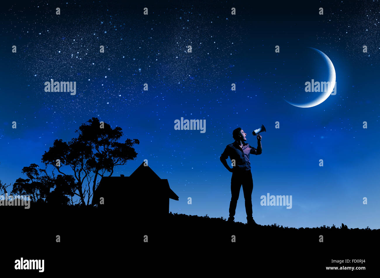 Silhouette of man screaming in trumpet at night Stock Photo - Alamy