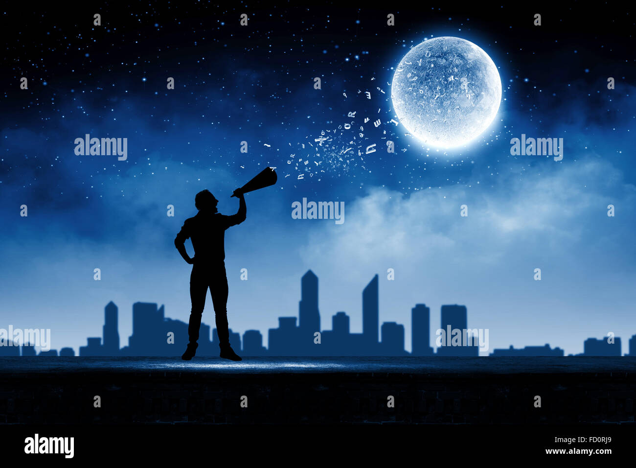 Silhouette of man screaming in trumpet at night Stock Photo - Alamy