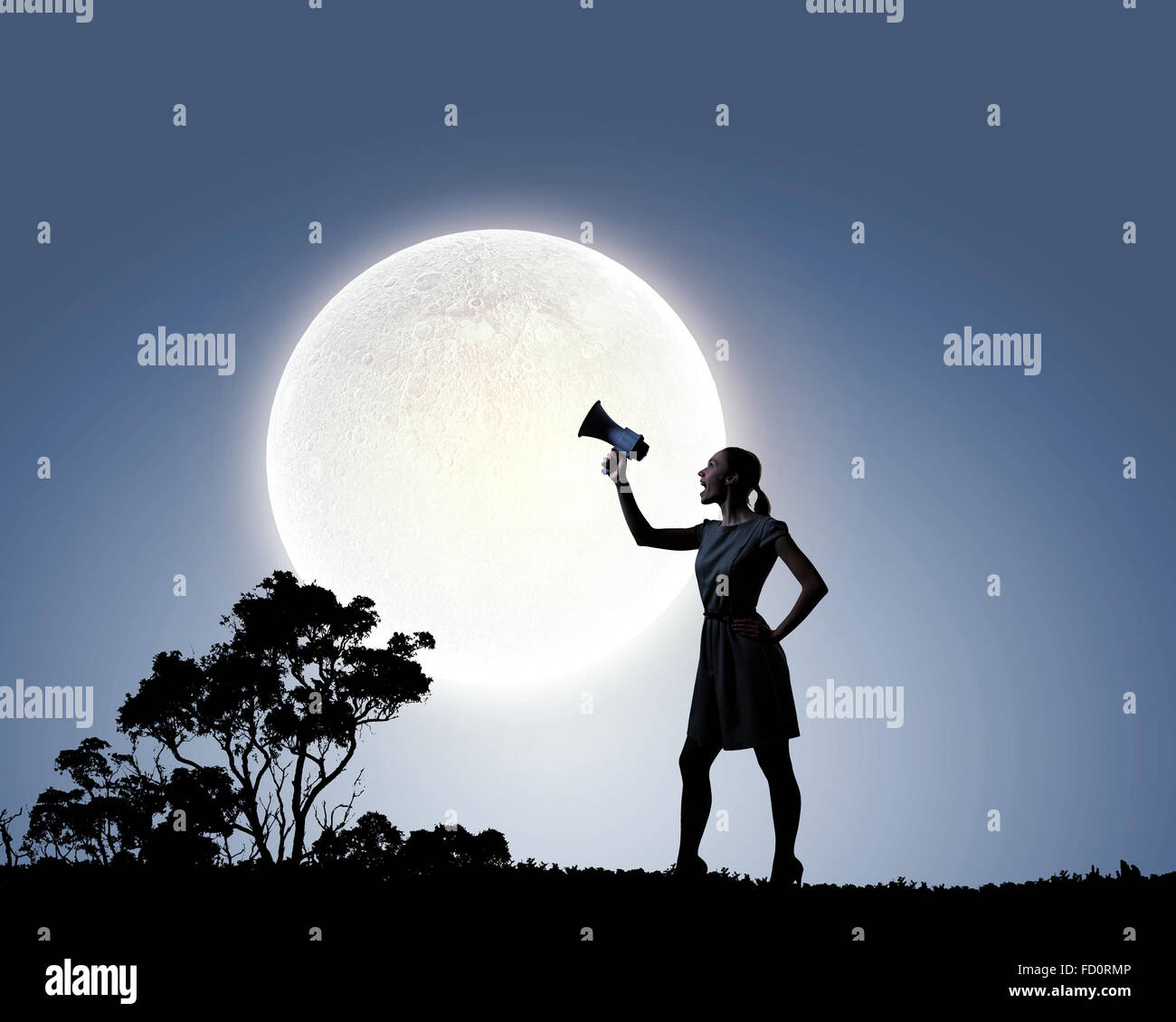 Silhouette of woman at night screaming in megaphone Stock Photo - Alamy