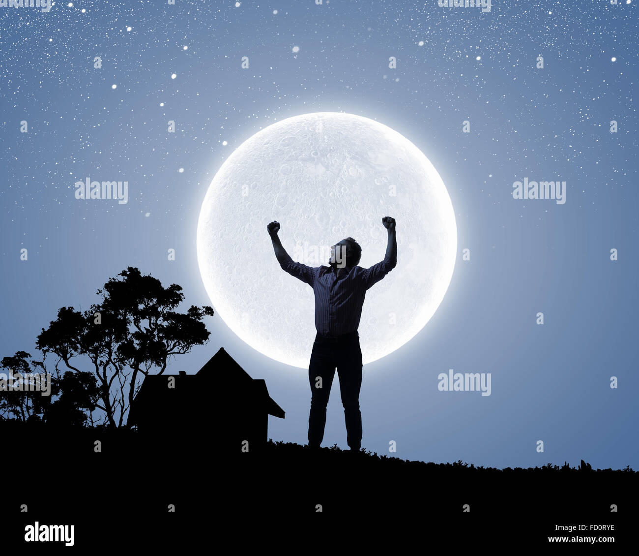 Young screaming man at night with big full moon at background Stock ...