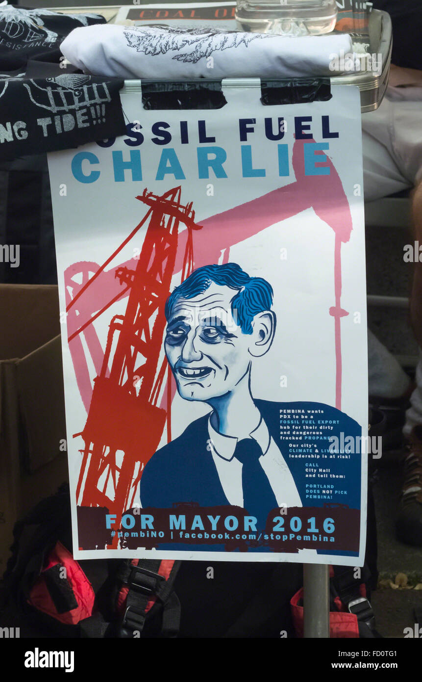 May Day 2015 protest sign titled Fossil Fuel Charlie derides Portland ...