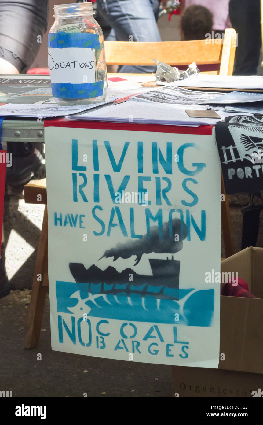 Protest sign reads Living Rivers Have Salmon - No Coal Barges at a 2015 ...