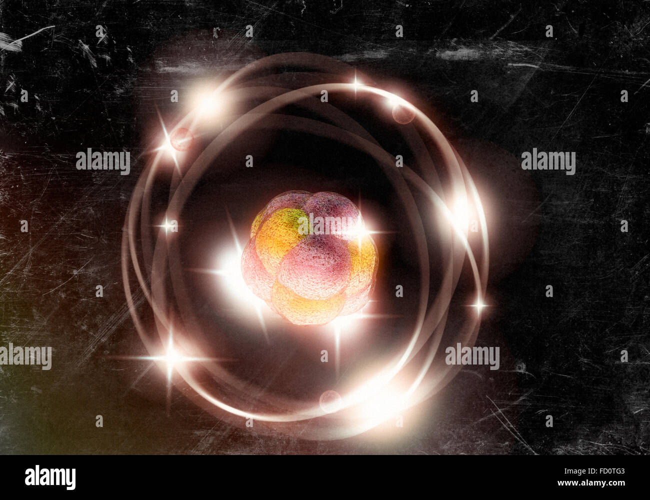 Close up illustration of atomic particle for nuclear energy imagery ...