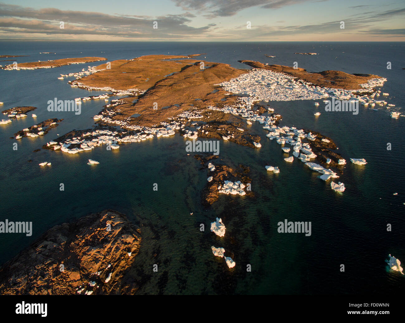 Canada, Nunavut Territory, Repulse Bay, Aerial view melting icebergs ...