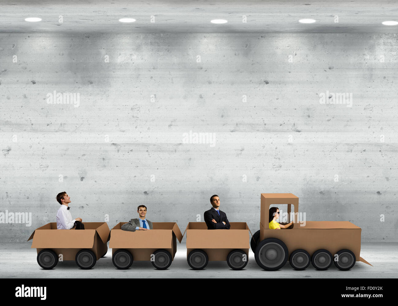Business people riding carton train. Teamwork concept Stock Photo - Alamy