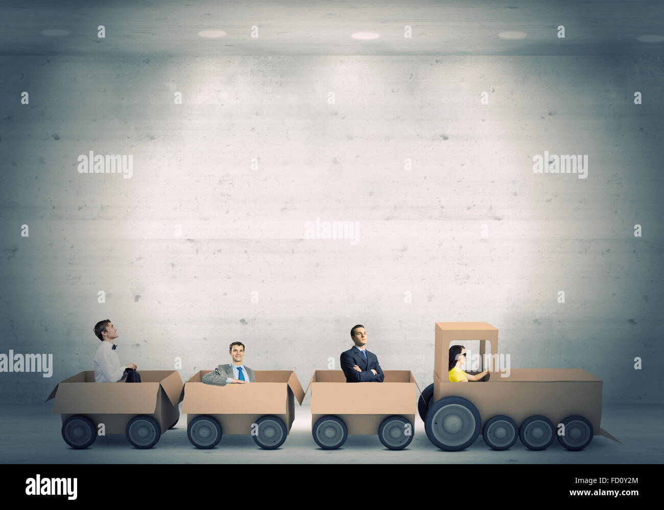 Business people riding carton train. Teamwork concept Stock Photo - Alamy
