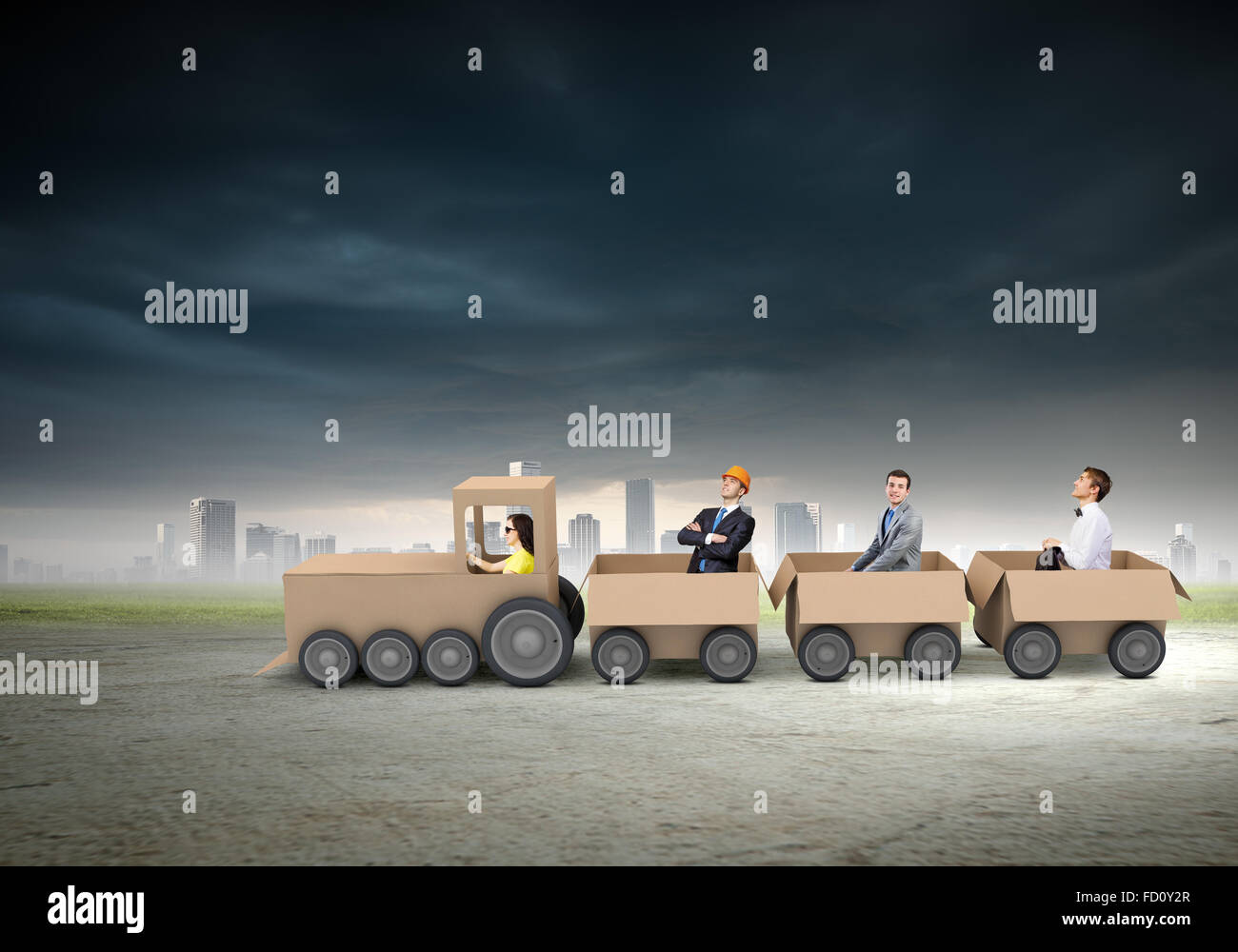Business people riding carton train. Teamwork concept Stock Photo - Alamy