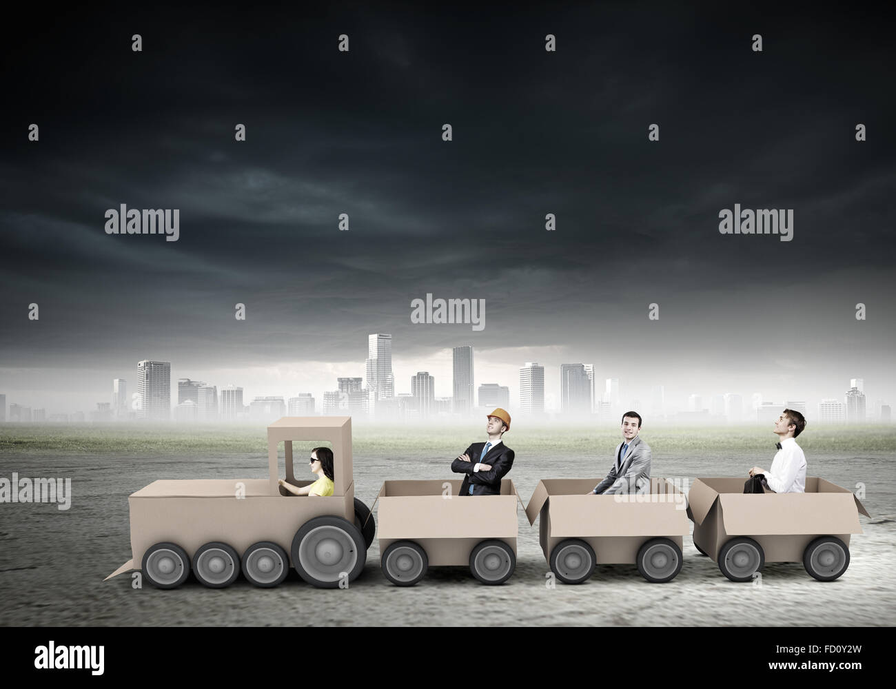 Business people riding carton train. Teamwork concept Stock Photo - Alamy