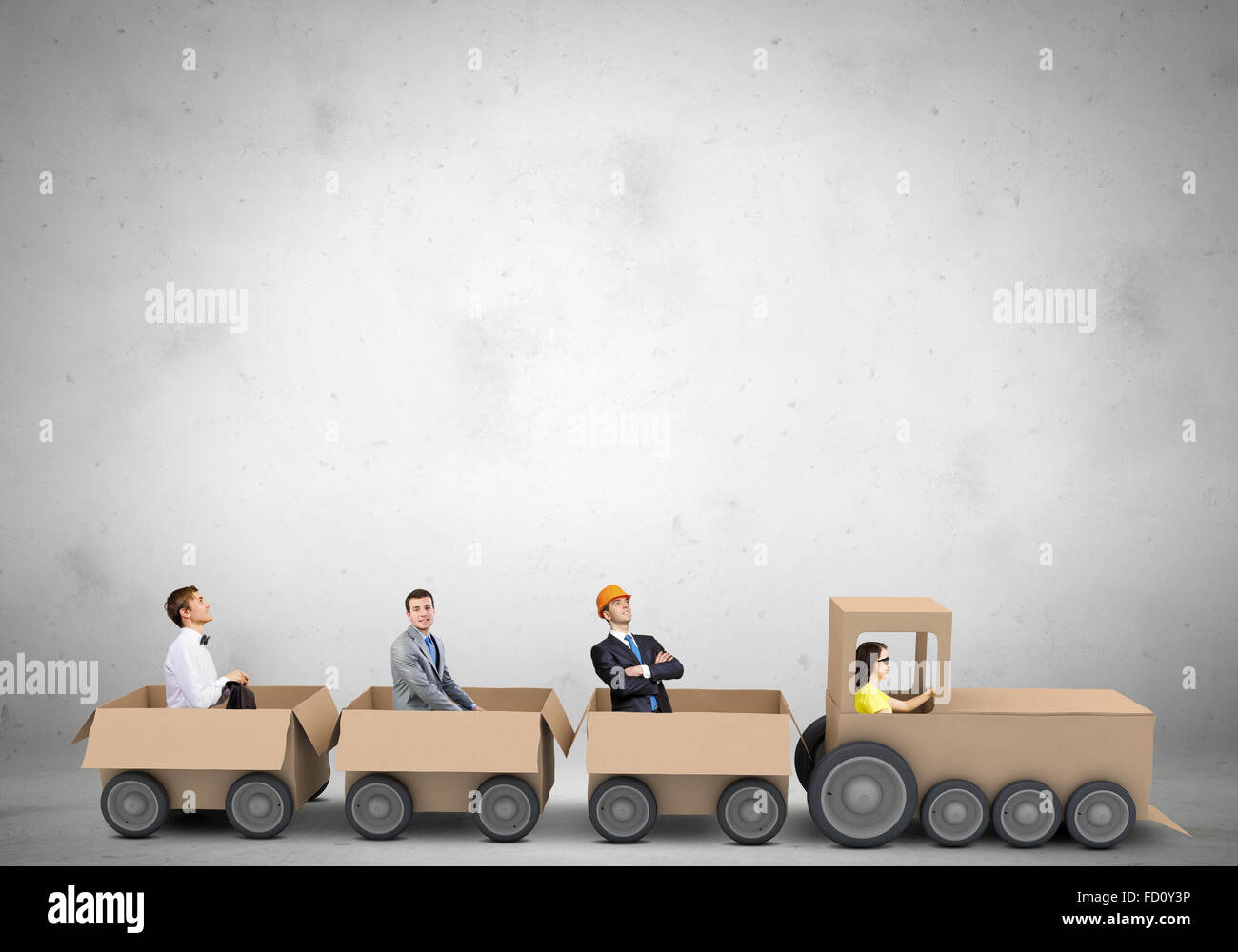 Business people riding carton train. Teamwork concept Stock Photo - Alamy