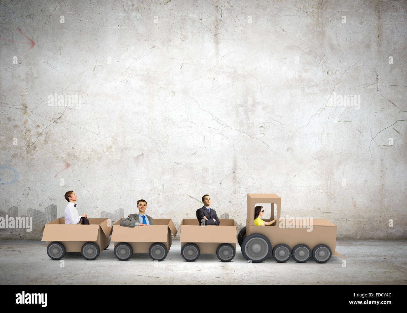Business people riding carton train. Teamwork concept Stock Photo - Alamy