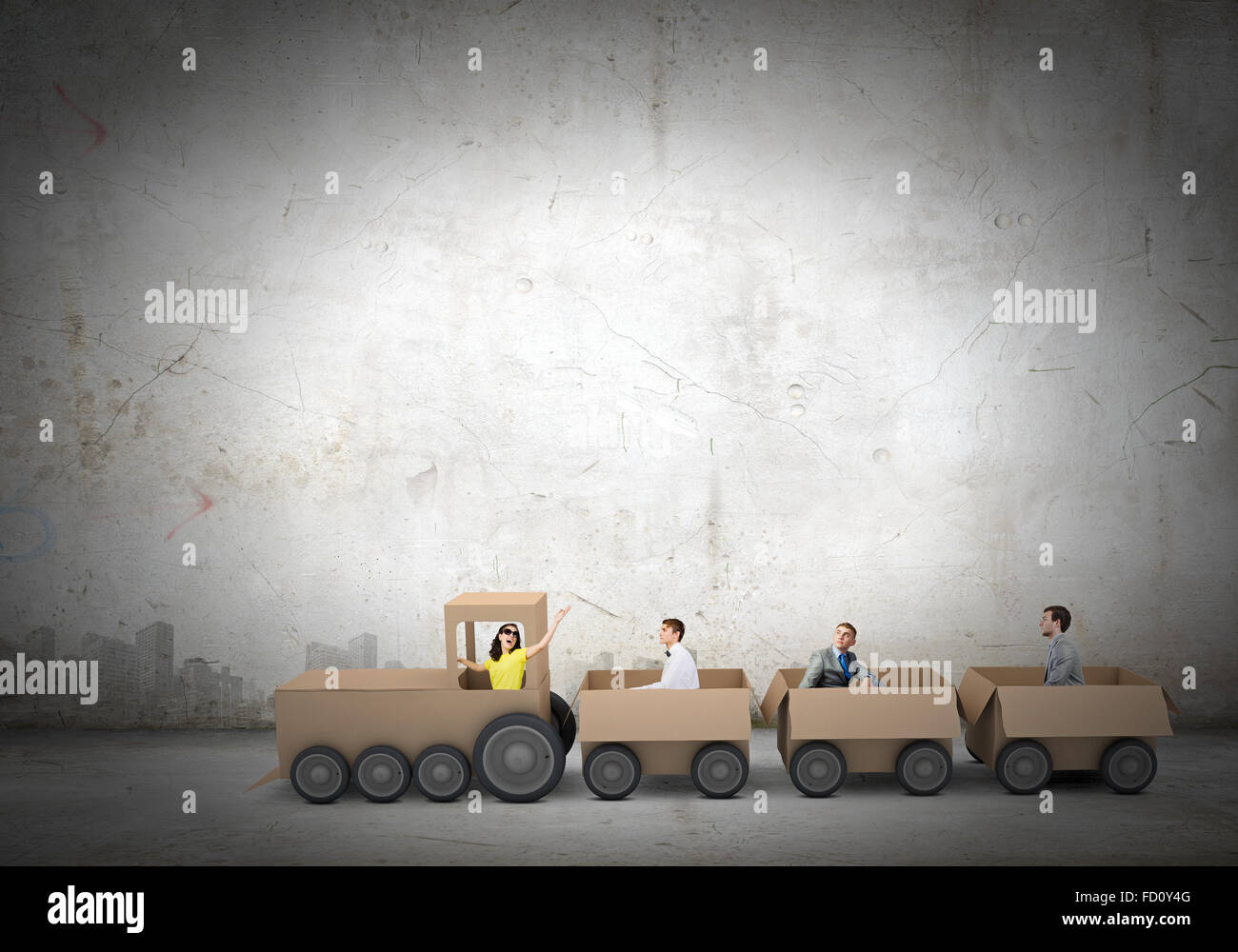 Business people riding carton train. Teamwork concept Stock Photo - Alamy