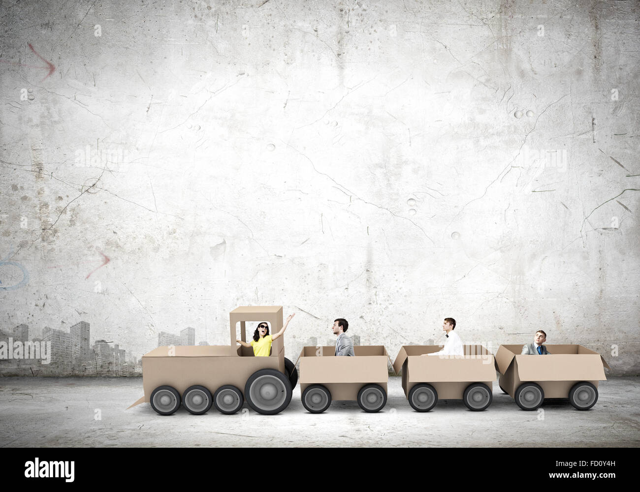 Business people riding carton train. Teamwork concept Stock Photo - Alamy