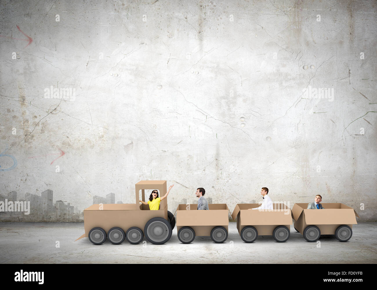 Business people riding carton train. Teamwork concept Stock Photo - Alamy