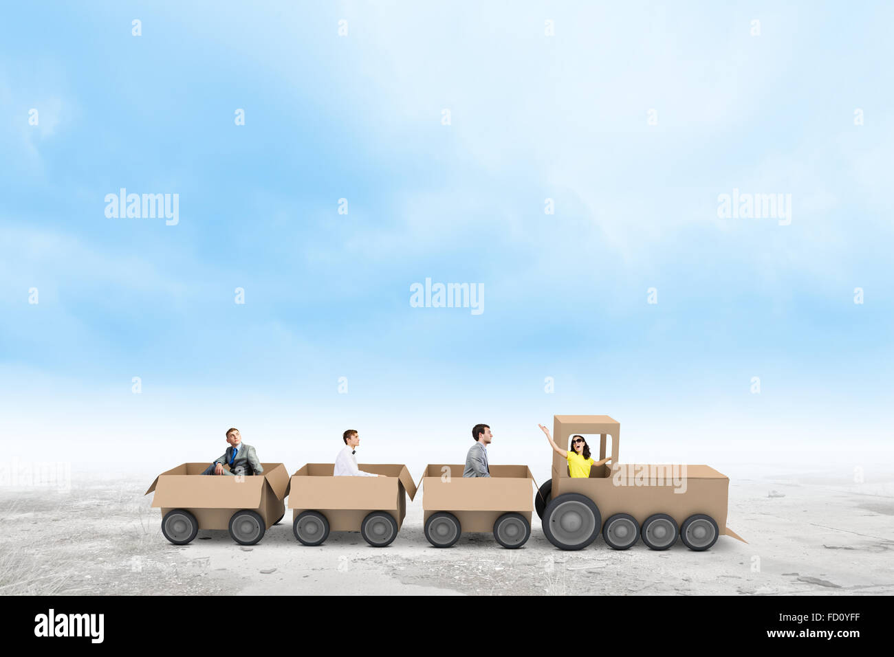 Business people riding carton train. Teamwork concept Stock Photo - Alamy
