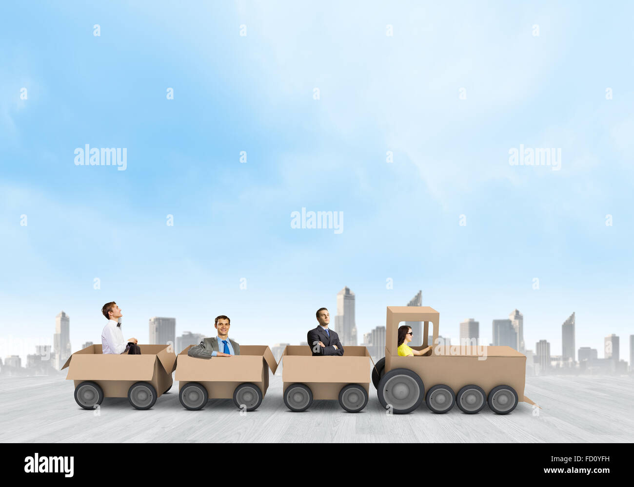 Business people riding carton train. Teamwork concept Stock Photo - Alamy