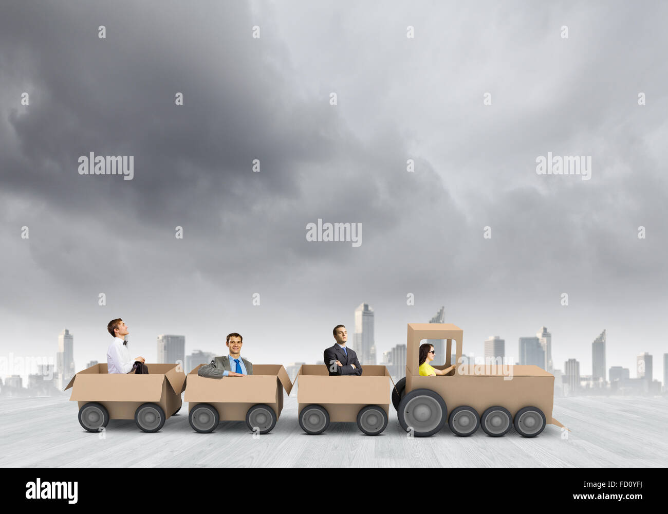 Business people riding carton train. Teamwork concept Stock Photo - Alamy