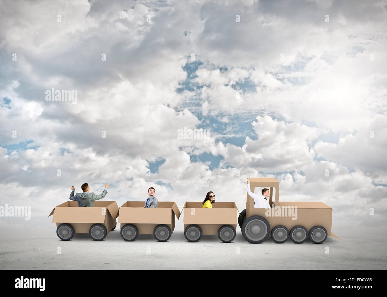 Business people riding carton train. Teamwork concept Stock Photo - Alamy
