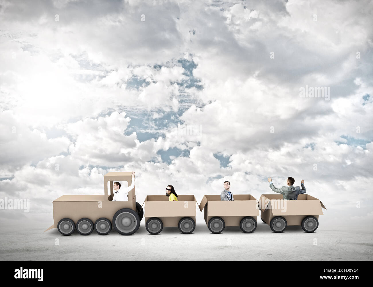 Business people riding carton train. Teamwork concept Stock Photo - Alamy
