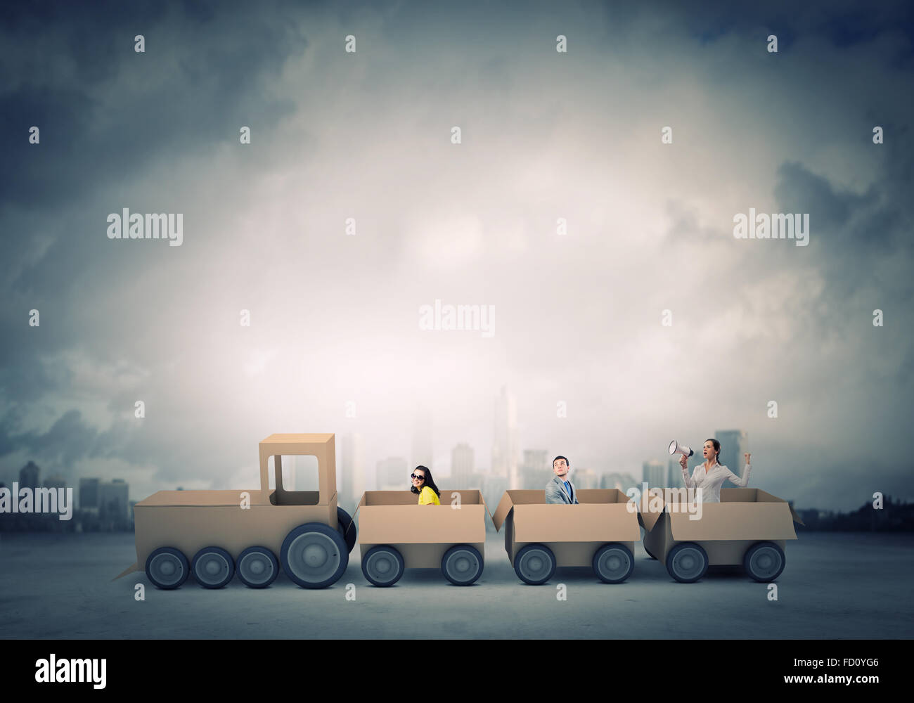 Business people riding carton train. Teamwork concept Stock Photo - Alamy