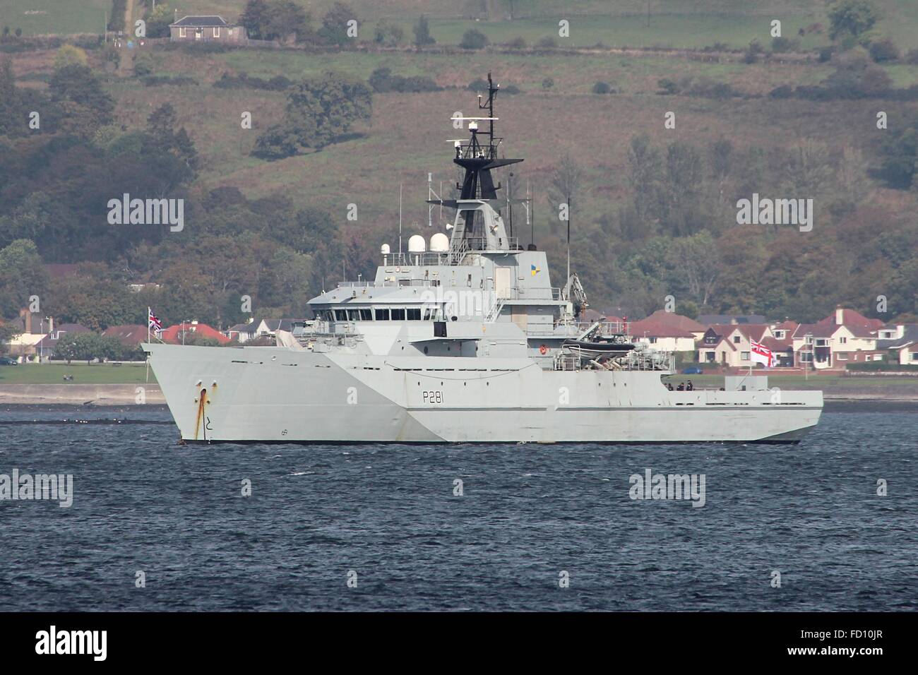 HMS Tyne, a patrol vessel of the Royal Navy, sits anchored off Greenock ...