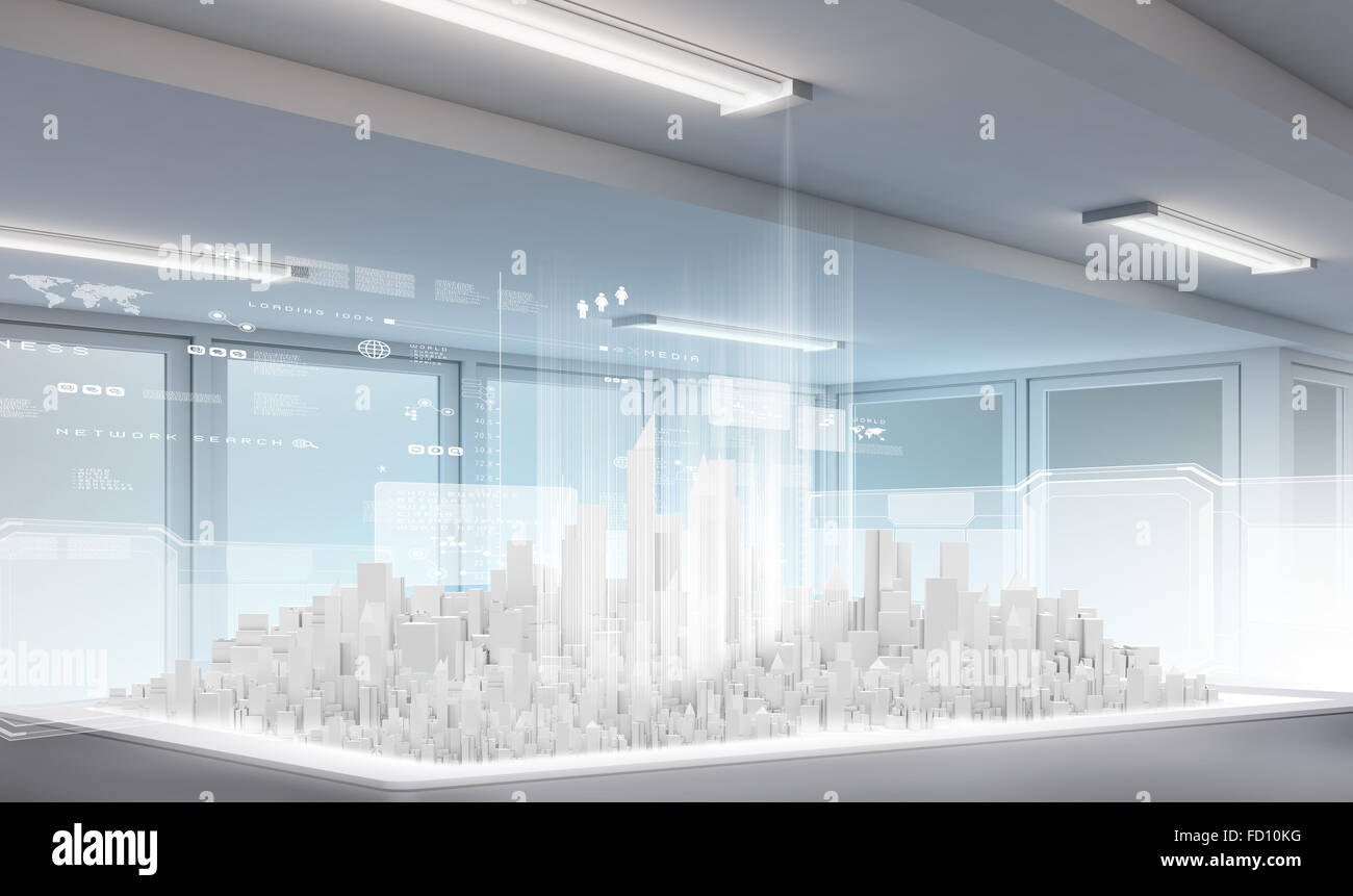 Conceptual image with construction model of buildings on table Stock ...