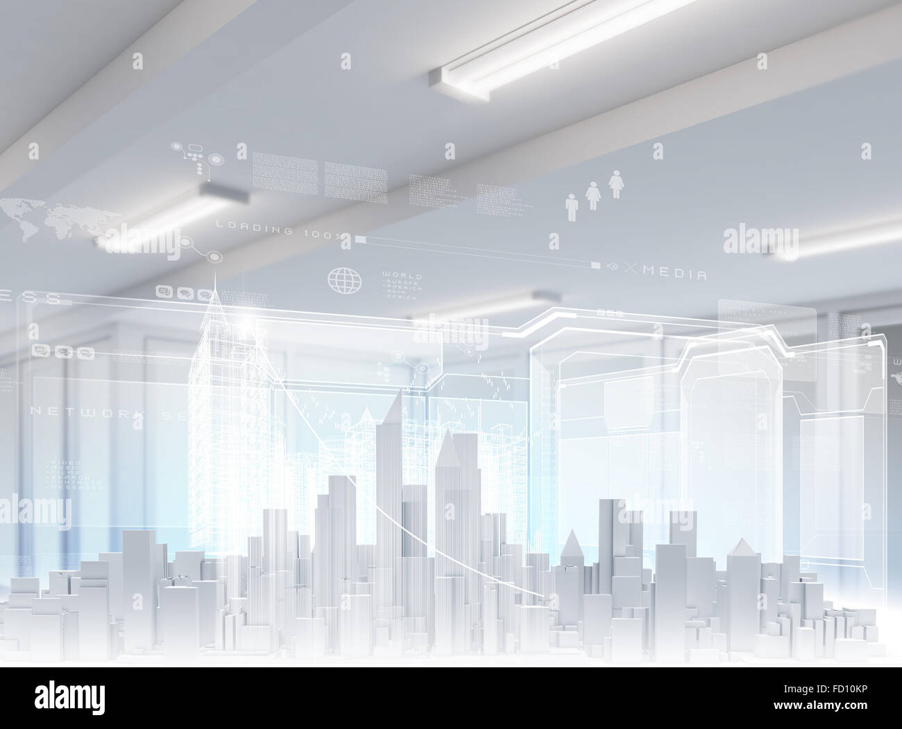 Conceptual image with construction model of buildings on table Stock ...