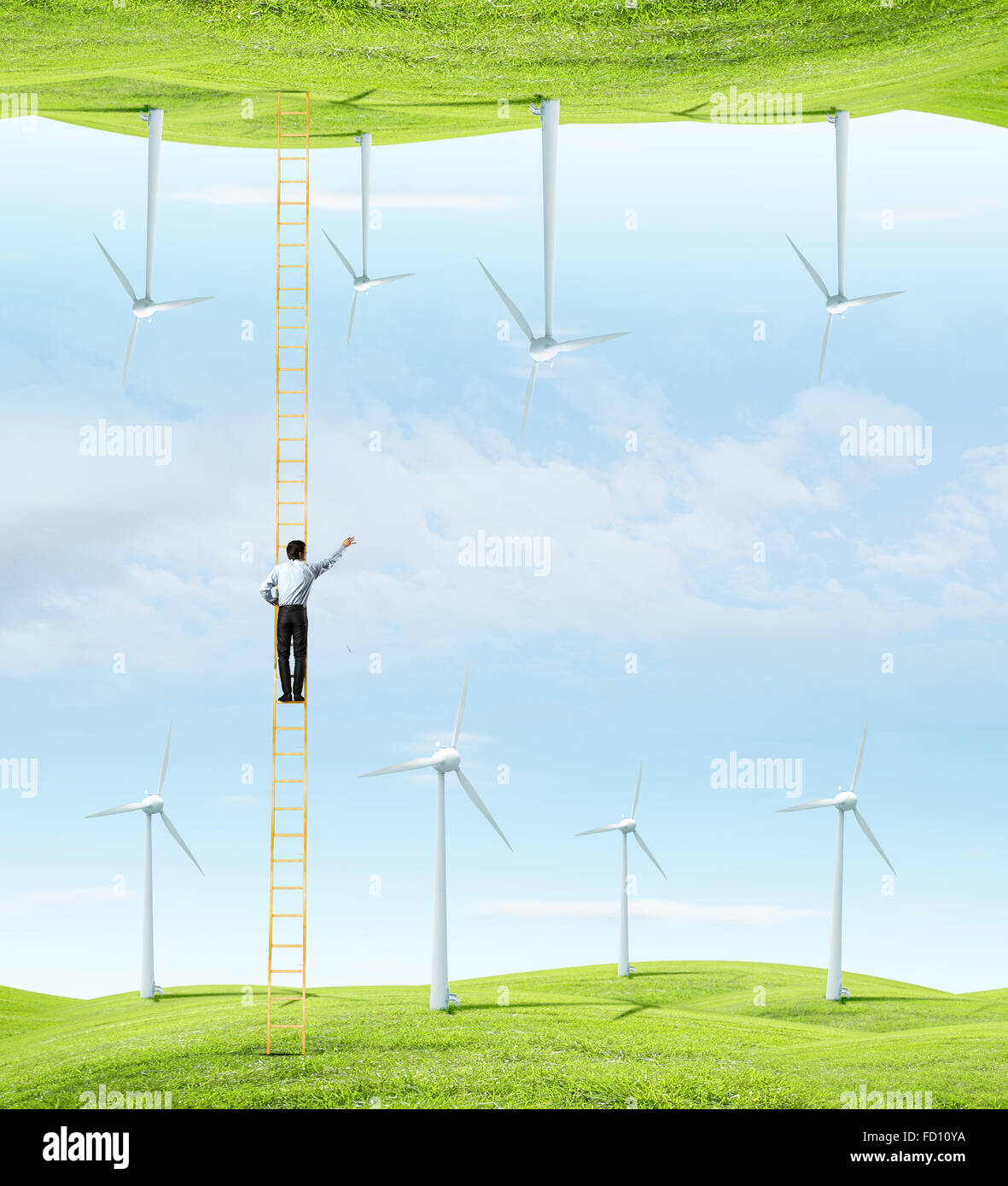 Rear view of businessman climbing ladder between two realities Stock ...