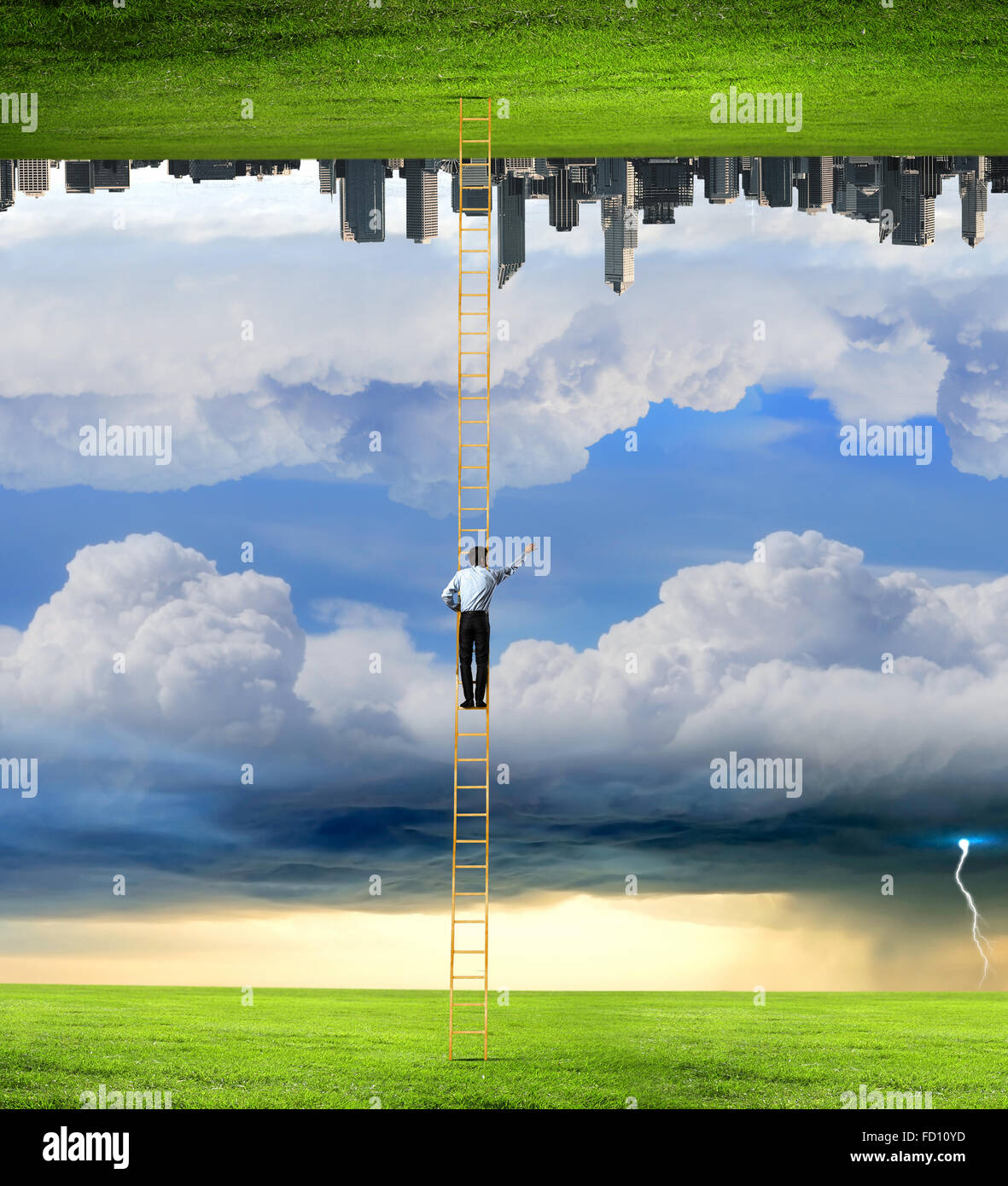 Businessman standing on ladder between two realities Stock Photo - Alamy
