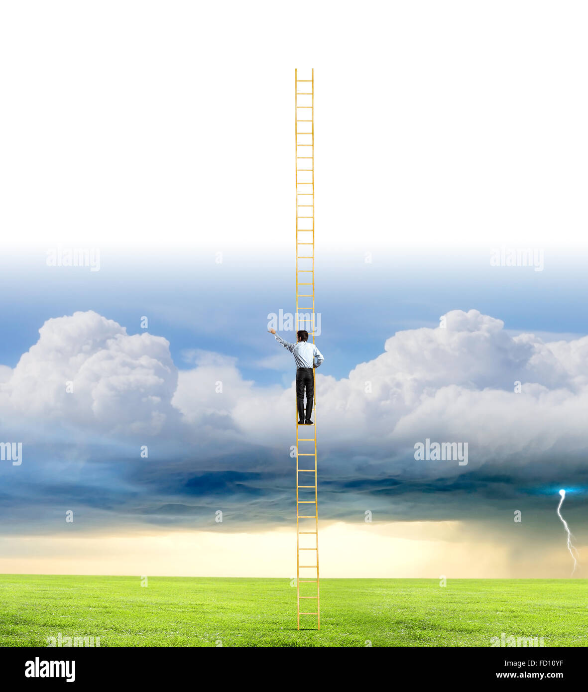 Rear view of businessman climbing ladder between two realities Stock ...