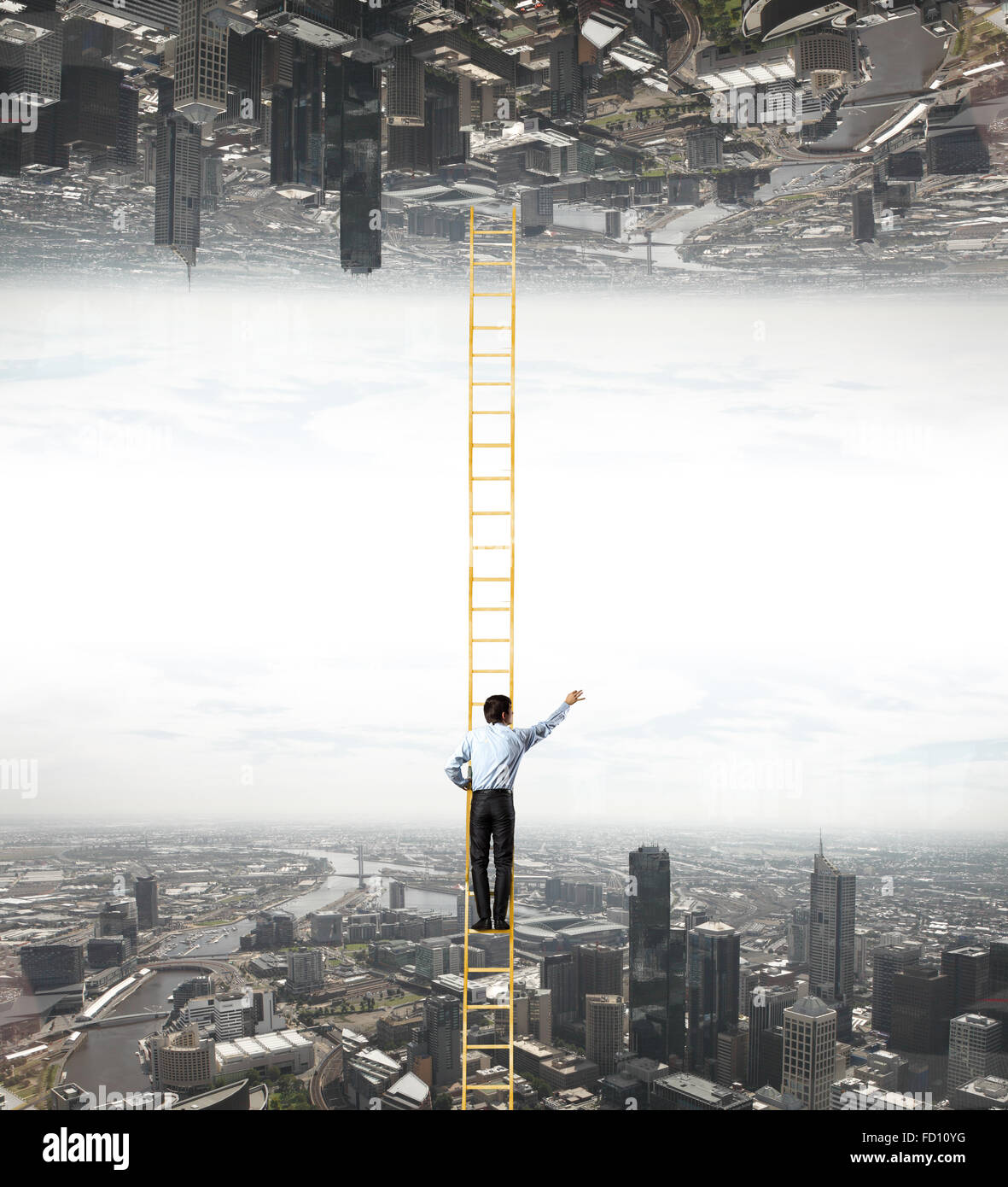 Businessman standing on ladder between two realities Stock Photo - Alamy