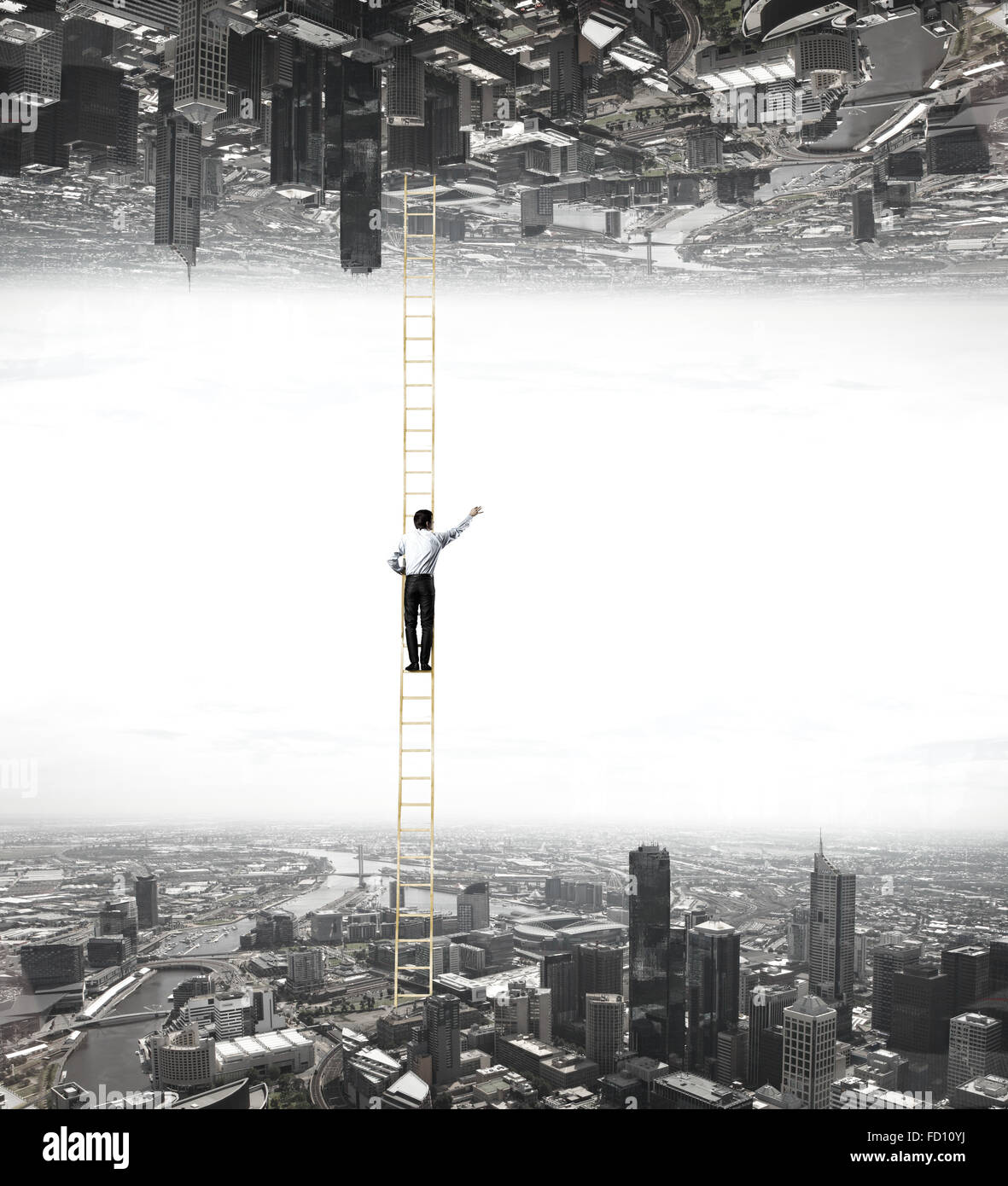 Businessman standing on ladder between two realities Stock Photo - Alamy