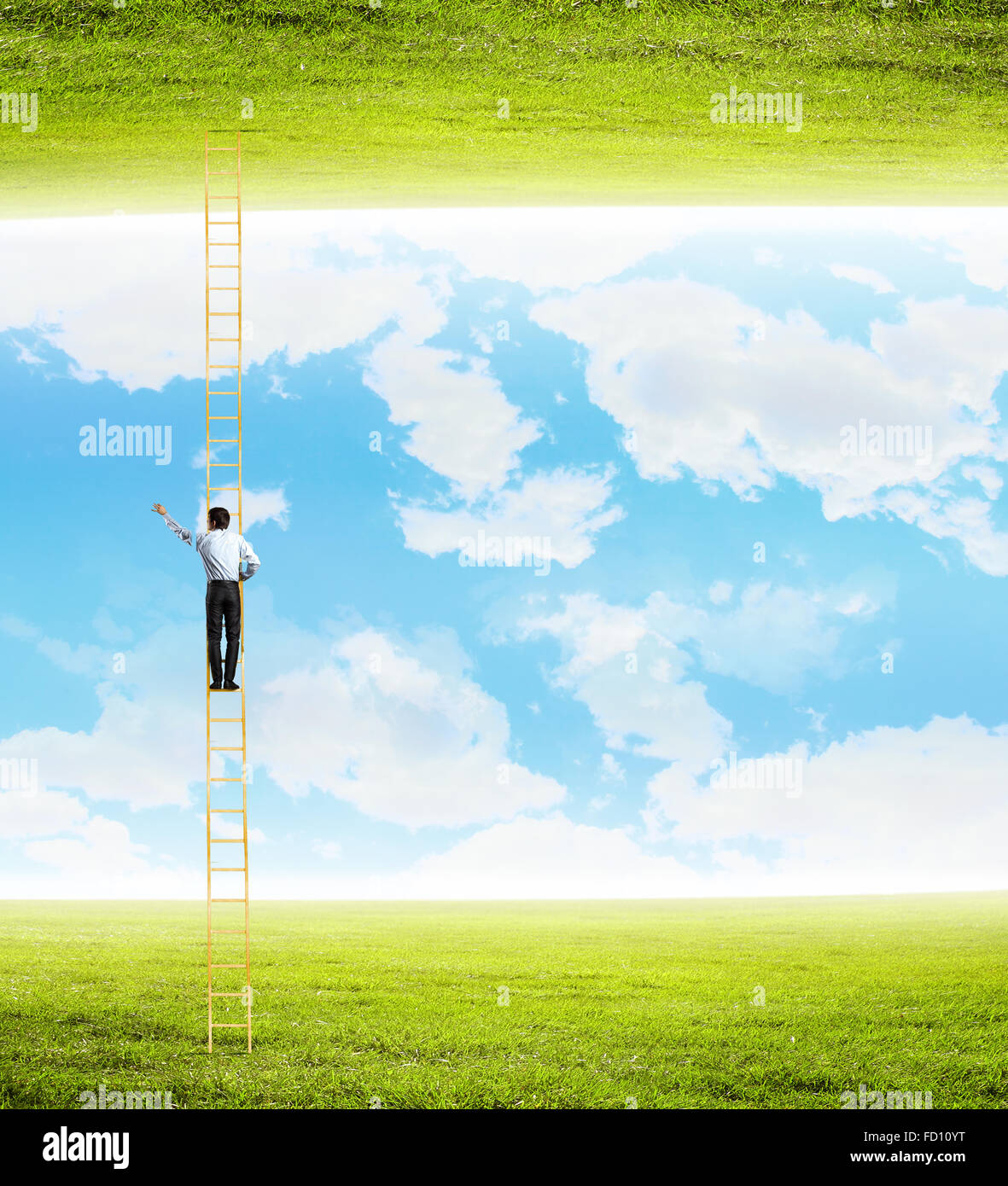 Rear view of businessman climbing ladder between two realities Stock ...