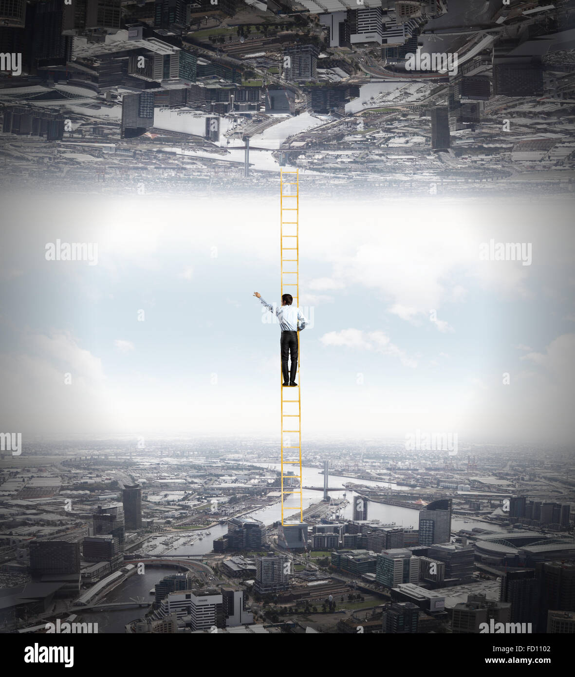 Businessman standing on ladder between two realities Stock Photo - Alamy