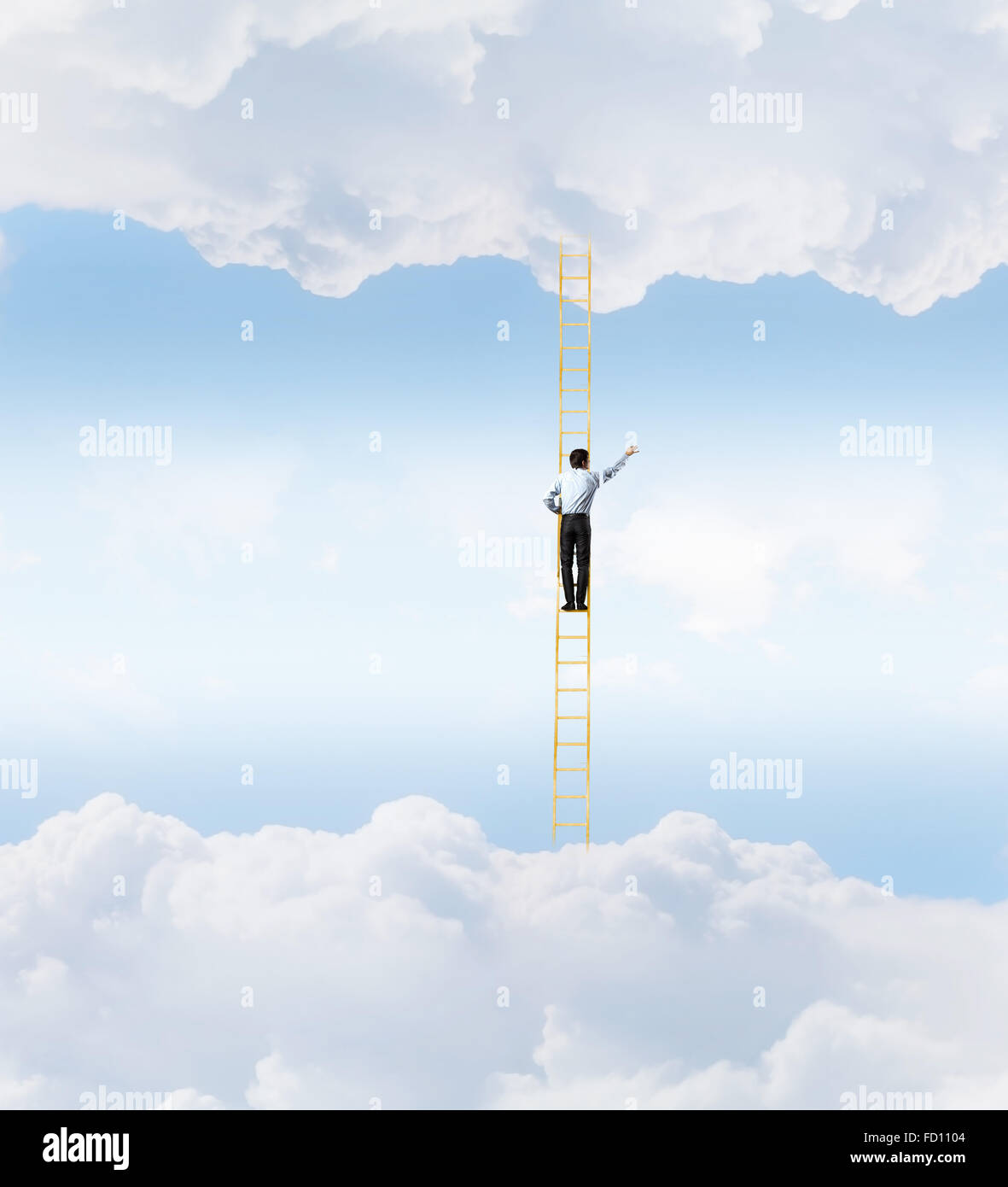 Businessman standing on ladder high in sky Stock Photo - Alamy