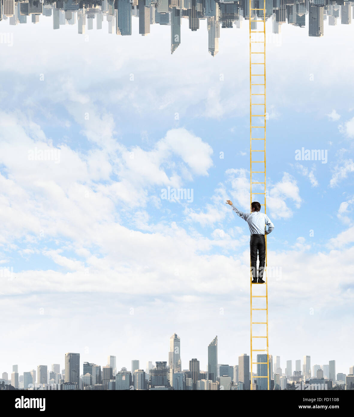 Businessman standing on ladder between two realities Stock Photo - Alamy