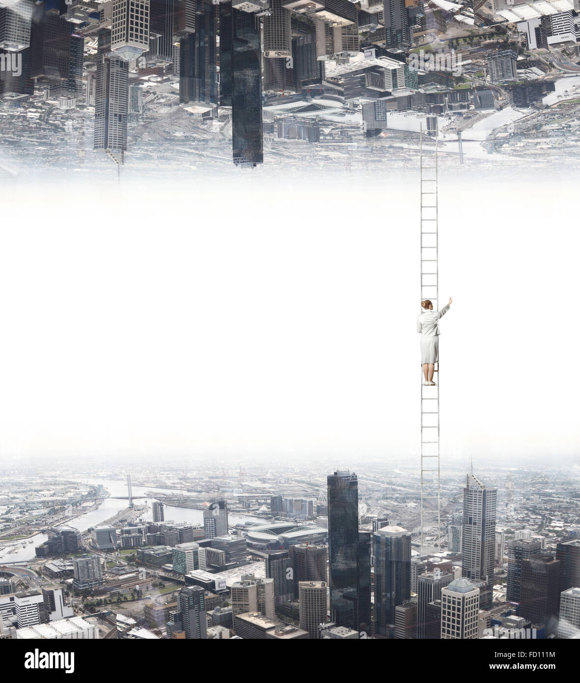 Businesswoman standing on ladder between two realities Stock Photo - Alamy