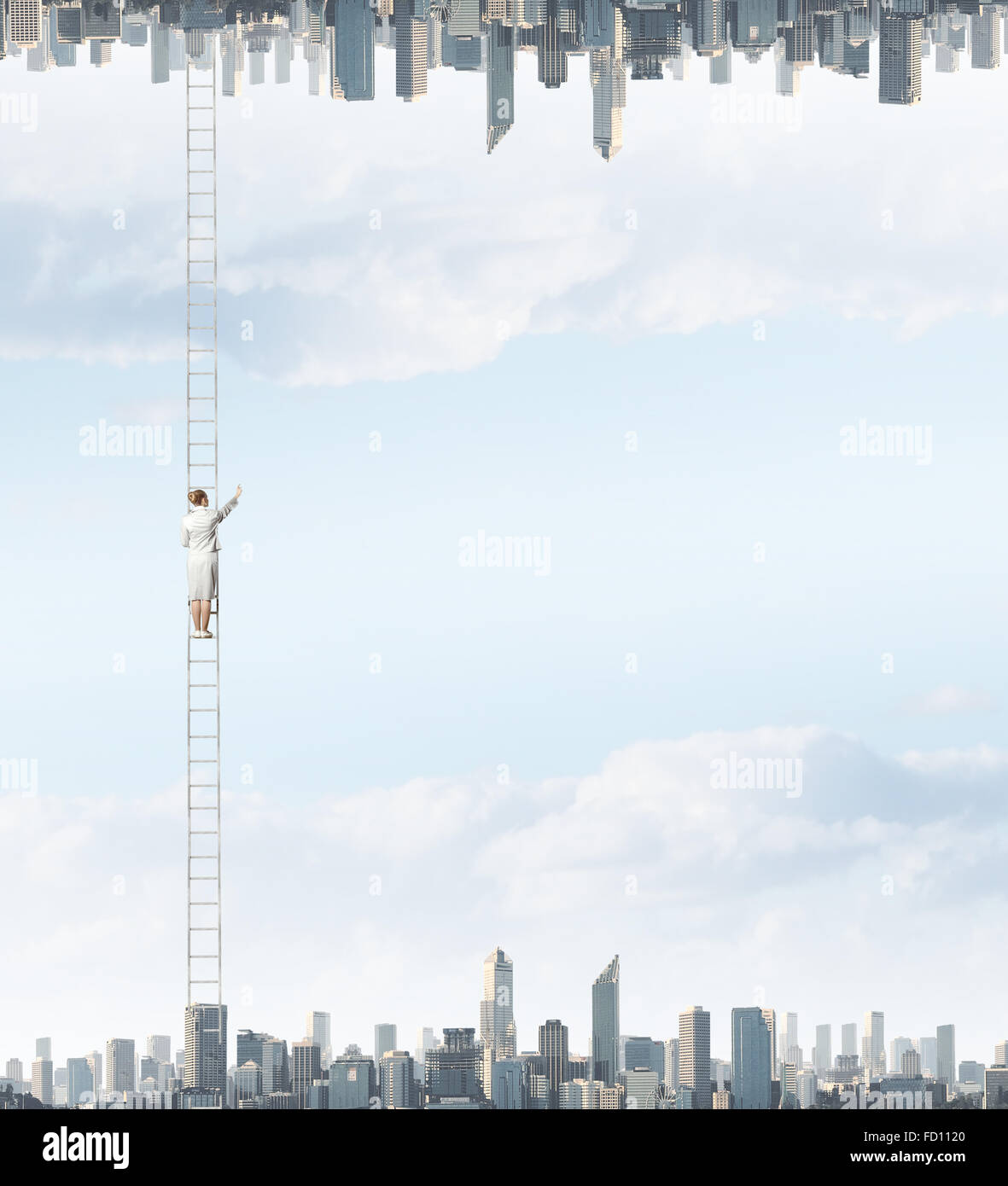 Businesswoman standing on ladder between two realities Stock Photo - Alamy