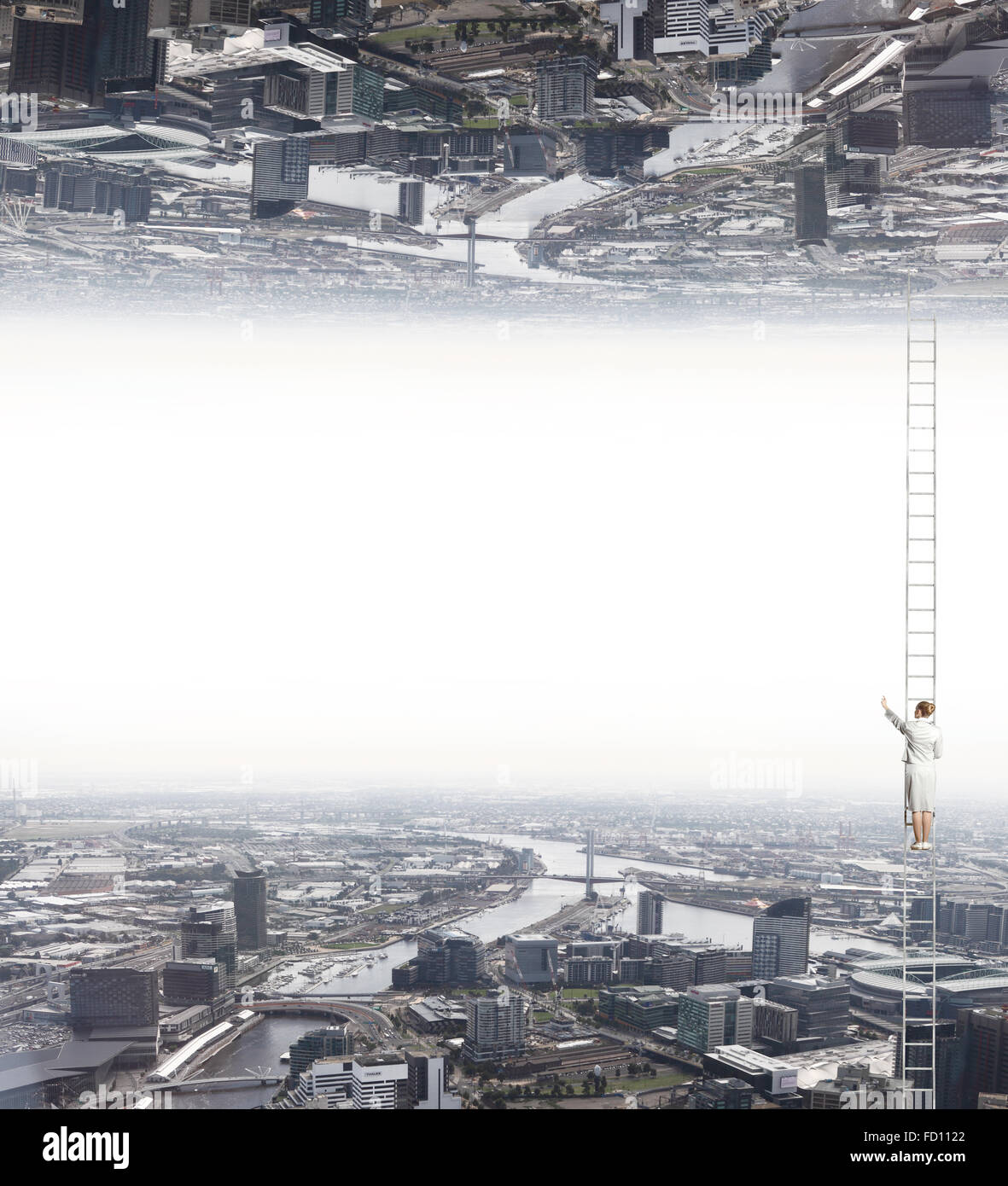Businesswoman standing on ladder between two realities Stock Photo - Alamy
