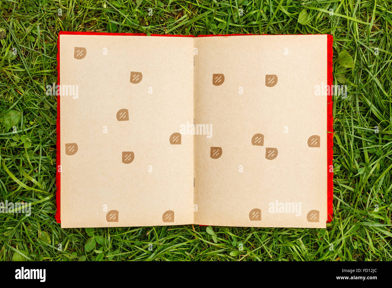 Album for photo with blank pages on the green grass. Empty space for ...