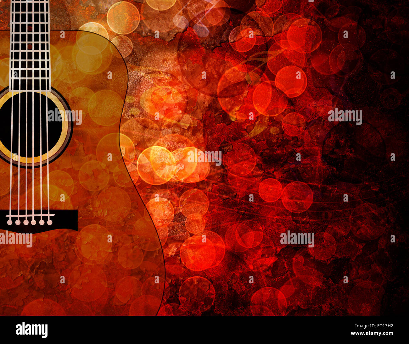 Guitar with Bokeh Musical Notes and Red Grunge Texture Background ...