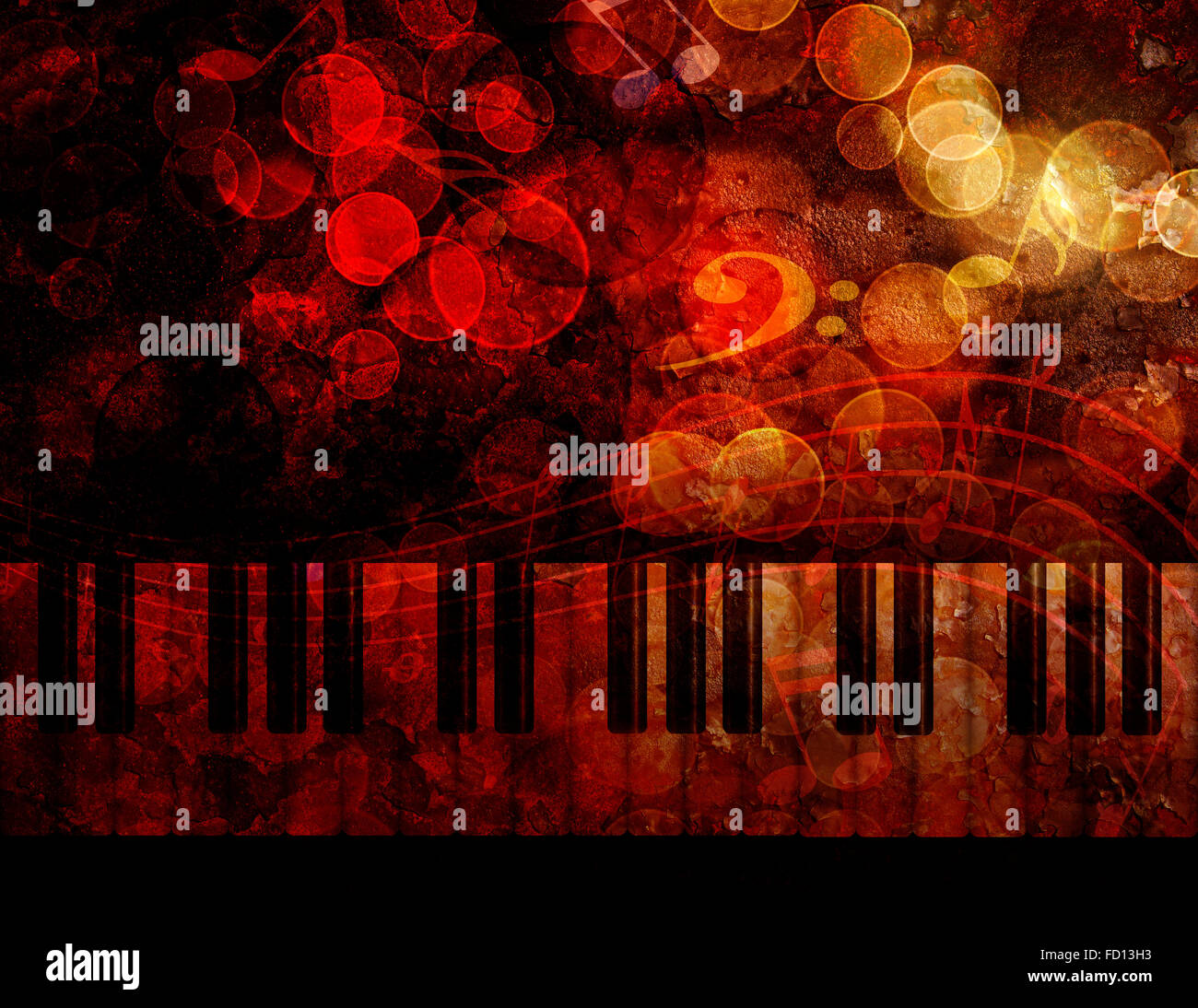 Piano Keyboard with Bokeh Musical Notes and Red Grunge Texture ...
