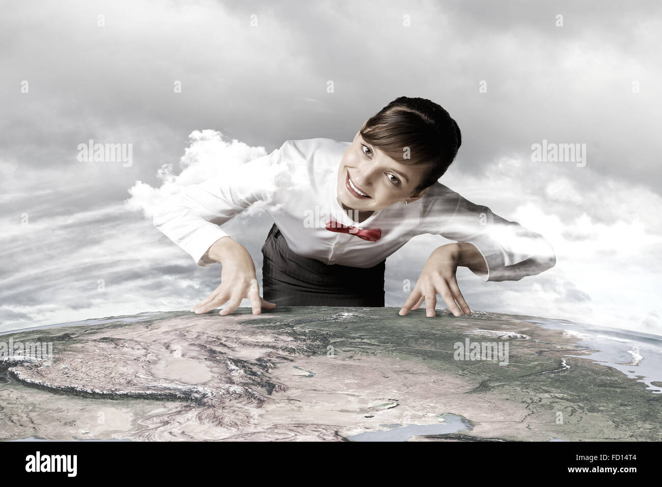 Young woman leaning upon Earth planet. Elements of this image are ...