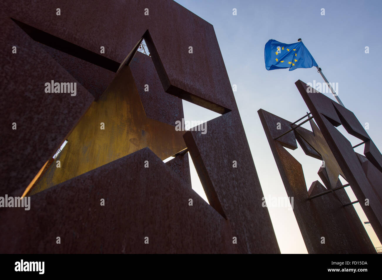 An EU flag flies over the Europe monument in Schengen, Luxembourg, 26 ...