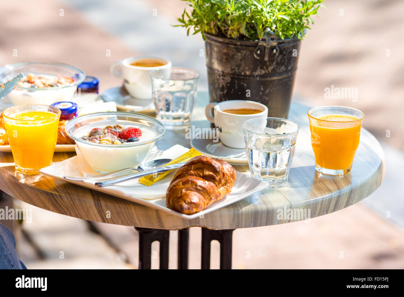 Fresh and delisious breakfast in outdoor cafe at european city Stock ...