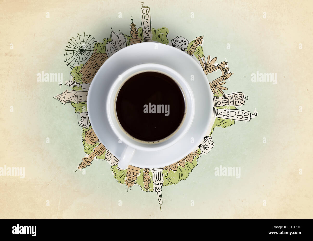 White cup of coffee and building sketches around Stock Photo - Alamy
