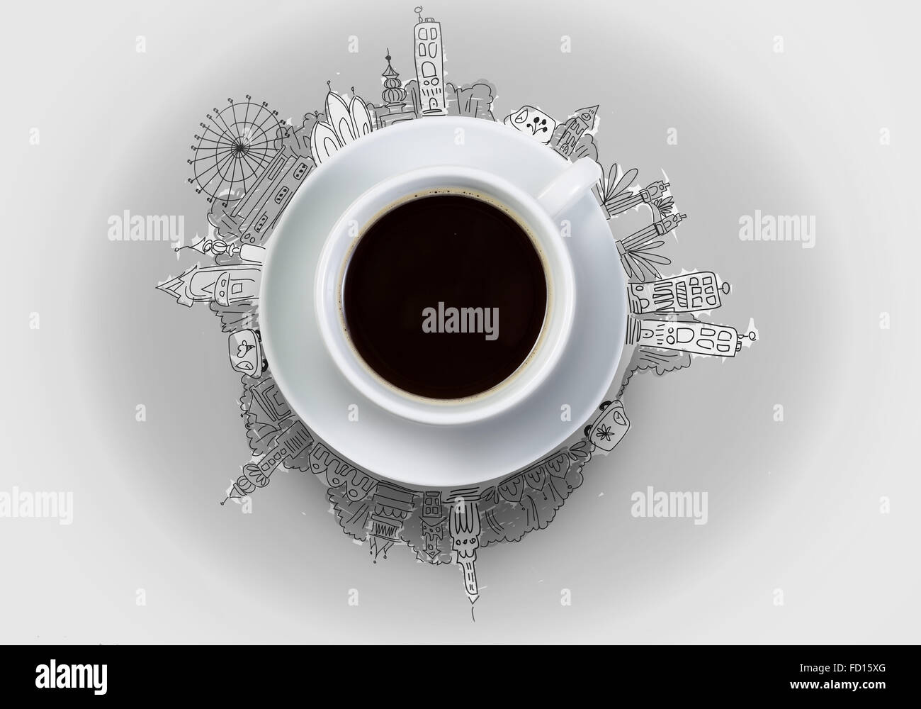 White cup of coffee and building sketches around Stock Photo - Alamy
