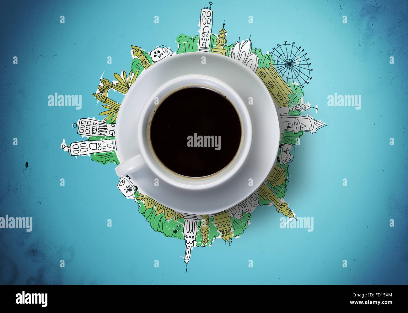 White cup of coffee and building sketches around Stock Photo - Alamy