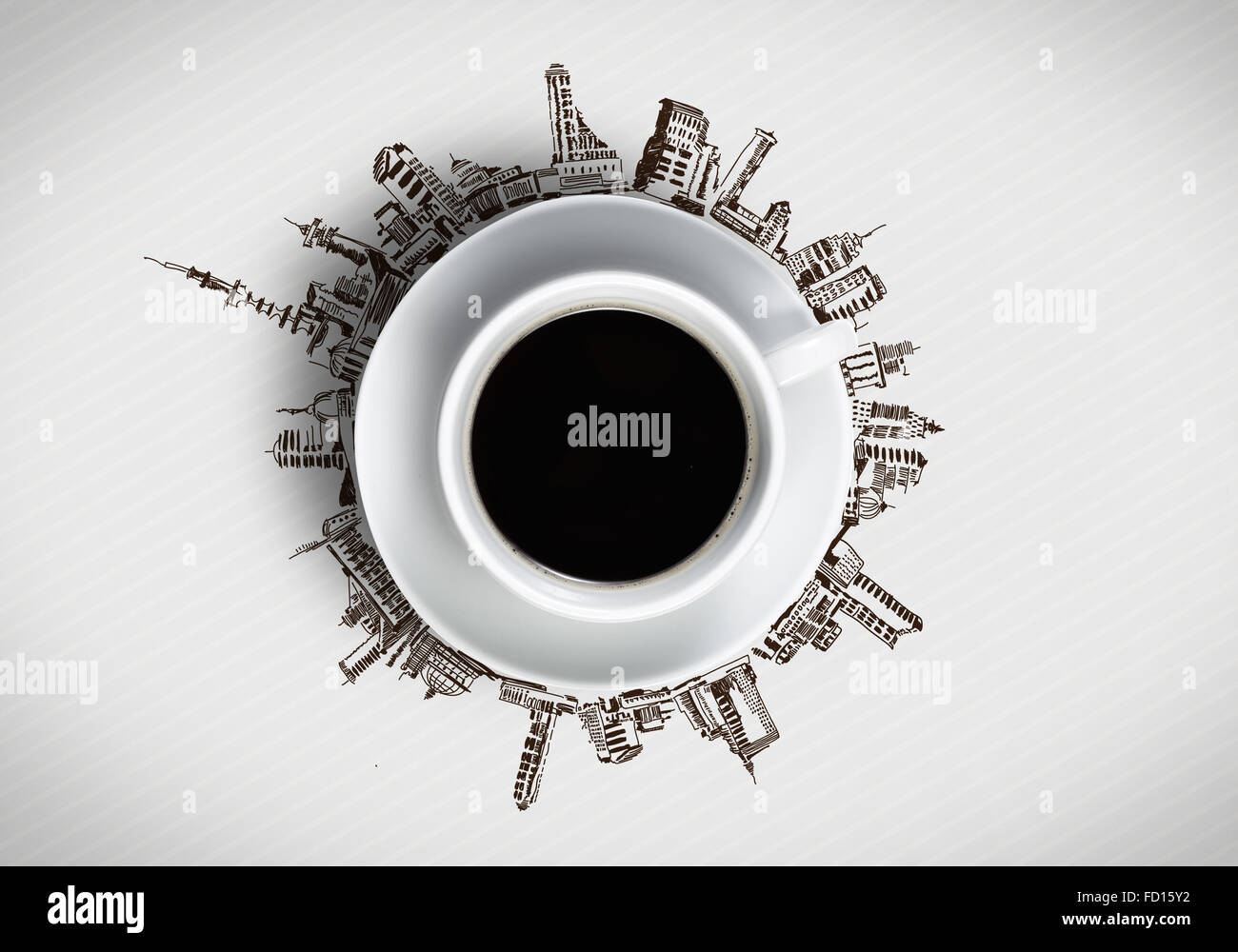 White cup of coffee and building sketches around Stock Photo - Alamy